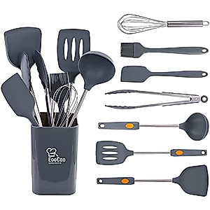 EooCoo Silicone Cooking Utensils Set with Holder, 8Pcs Kitchen Cooking Utensils Set for Nonstick Cookware 446°F Heat-Resistant,Turner Tongs, Spatula, Spoon, Brush, Whisk, Stainless Steel Handle, Gray