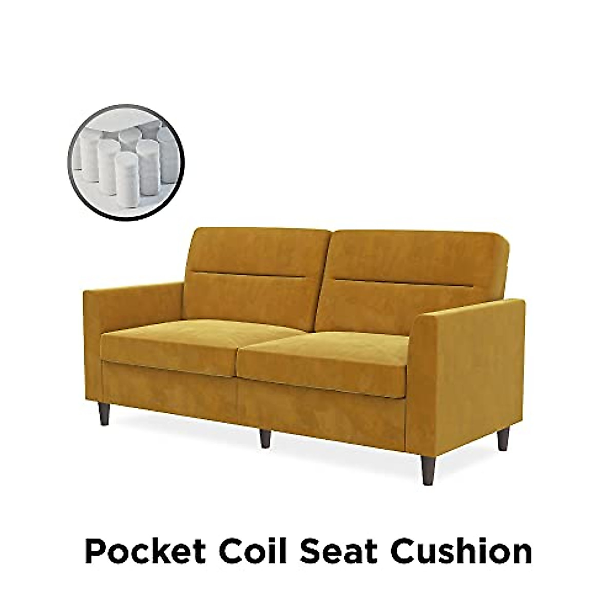 Novogratz Concord Sofa, Small Space Living Room 3 Seater, Pocket Coil Cushions, Mustard Yellow Velvet