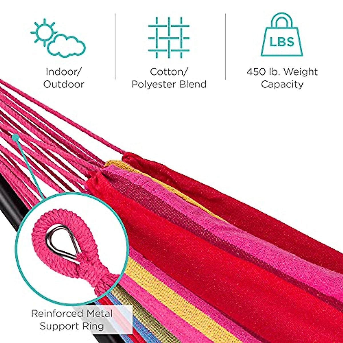 Best Choice Products Double Hammock with Steel Stand, Indoor Outdoor Brazilian-Style Cotton Bed w/Carrying Bag, 2-Person Capacity - Paradise