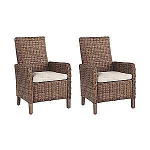 Signature Design by Ashley Beachcroft Outdoor Left & Right Arm Facing Wicker Patio Loveseats, Brown & Beige & Beachcroft Wicker Arm Chair with Cushion, 2 Count, Brown