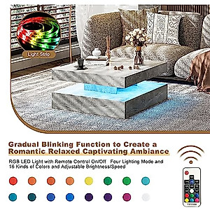HedoAjim LED Coffee Table for Living Room, Living Room Table 2-Tier Square Middle Center Table, Modern Coffee Tables with Storage, Contemporary Wood Tea Tables for Dining Reception, Grey