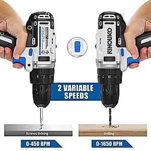 NINOUKO Cordless Power Drill, 20V Electric Impact Drill Driver Set with Battery and Fast Charger, 2 Variable Speed, 23+1+1 Torque Setting, MAX 300 In-lbs, LED and 42pcs Drill Bits Set
