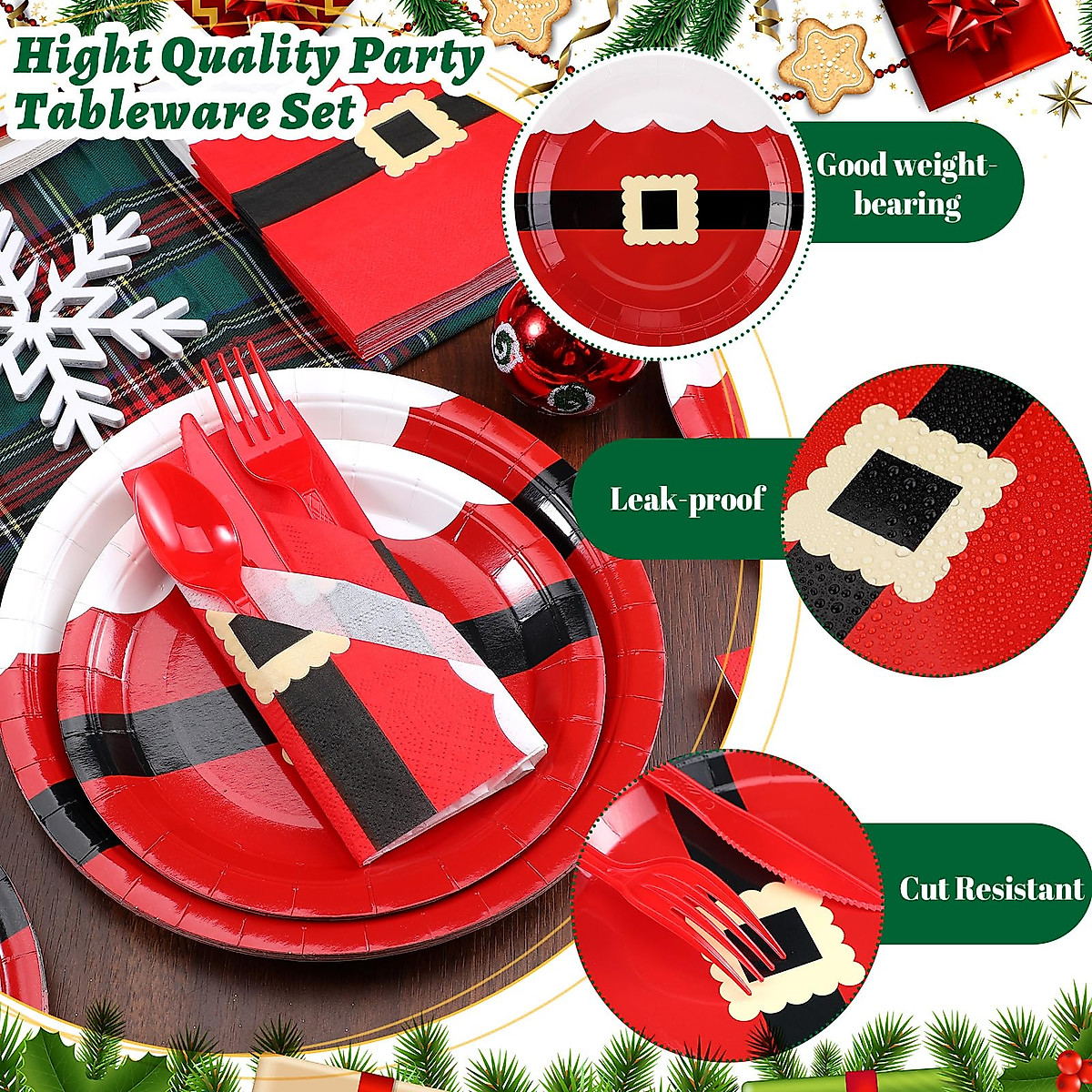 Bokon 96 Pcs Santa Belt Plates Christmas Party Supplies Disposable Party Dinnerware Set Christmas Napkins Knives Forks Spoons Christmas Party Decorations for Xmas Holiday Dinner Home Serves 24