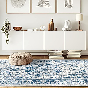 FAIOKAVER Soft Thin Washable Vintage Area Rug - 5X7 Large Boho Blue Bedroom Rug Entry Mat,Vintage Non-Slip Non-Shedding Low Pile Indoor Throw Carpet for Laundry Living Room