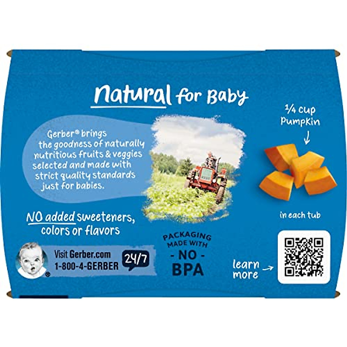 Gerber Natural for Baby 2nd Foods Baby Food Tubs, Pumpkin, Non-GMO Pureed Baby Food for Sitters, Made with Real Fruit, 2 - 4 Ounce Tubs Per Pack (Pack of 4)