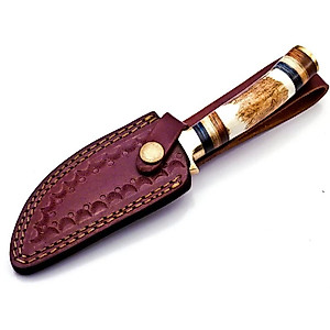 8 inch Handmade Damascus Steel Hunting knife Handle Deer Antler W Leather C. The Handle Color and Gard shape could be different then Pics