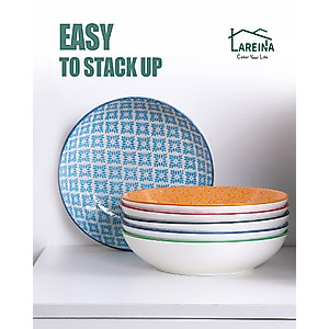 Large Pasta Bowls Set of 6 - Ceramic Salad Serving Bowls, Wide and Shallow 30 Ounce Deep Pasta Plates for Soup, Microwave and Dishwasher Safe