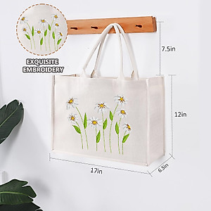 LEADO Floral Canvas Tote Bag for Women, Cute Tote Bags, Daisy Flower Bag for Shopping, Reusable Grocery Bags - Tote Bag Aesthetic, Daisy Gifts, Mothers Day, Birthday Gifts for Women