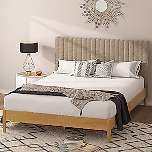 ZINUS Amelia Wood Platform Bed Frame with Upholstered Headboard / Solid Wood Bed / No Box Spring Needed / Easy Assembly, Queen