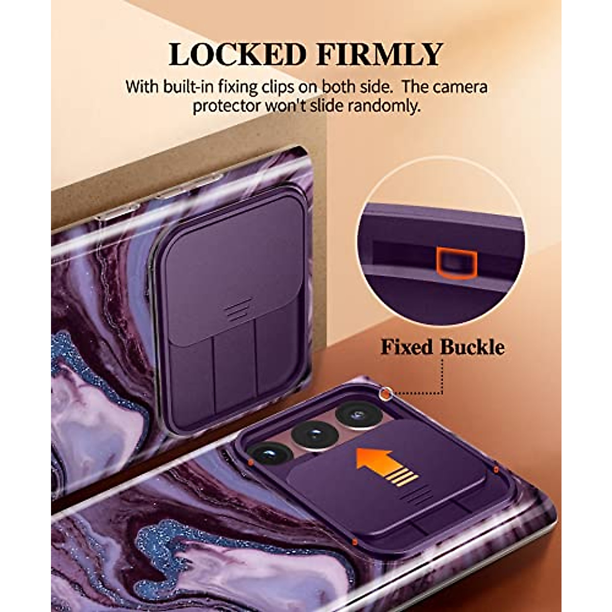 GVIEWIN Designed for Samsung Galaxy S22 Ultra Case with Slide Camera Cover, [Military Grade Drop Protection] Marble Slim Fit Shockproof Protective Phone Case for S22 Ultra 5G 6.8" 2022(Quicksand)