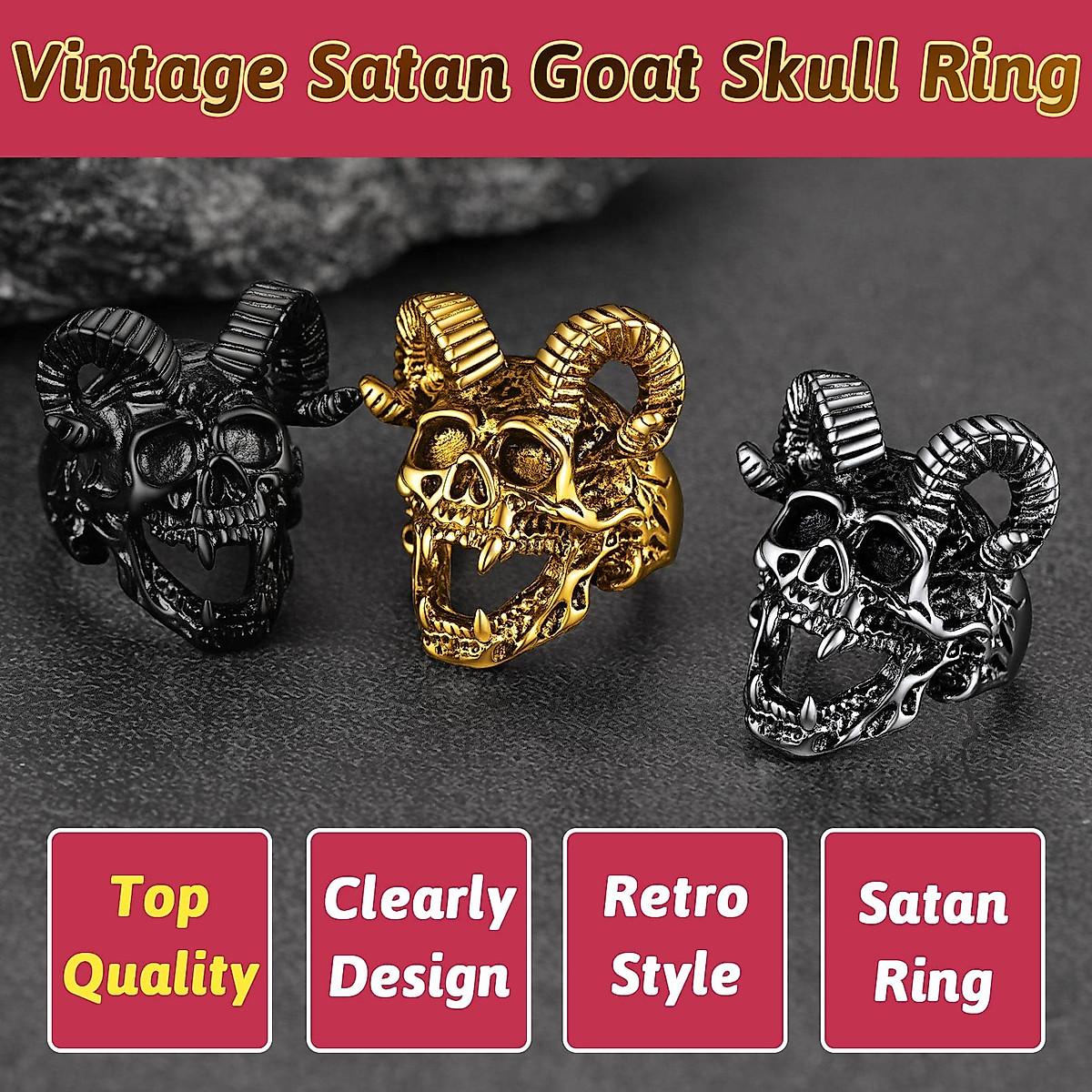 FaithHeart Rapper Biker Rings for Male Size 9 Stainless Steel Satan Church Jewelry Baphomet Goat Head Pinky Finger Charms