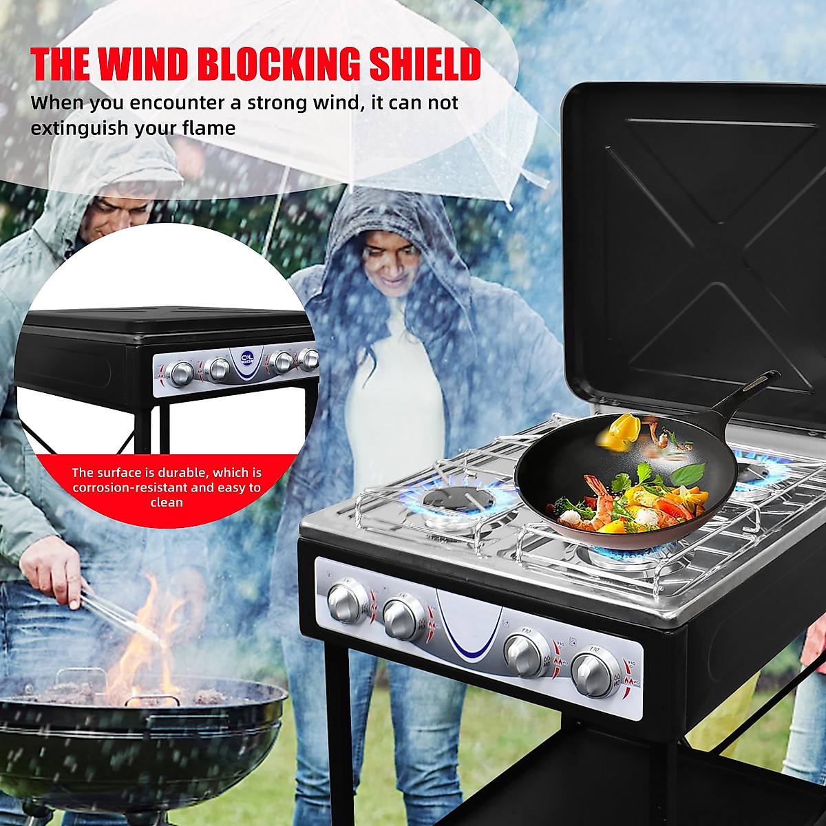 4 Burner Gas Stove Camping Stove Propane Burner Portable Stable RV Stove Top Stainless Steel Camping Grill Stove Outdoor Safety with Removable Stand, CSA Certified Gas Regulator and Hose Easy to Clean