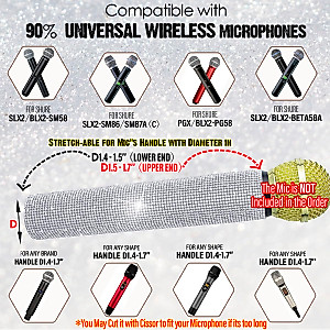 RhymKawa Silver Crystal Mic Handle Cover for Universal Wireless Microphone and SM58, BETA58, Sparkle Cordless Handheld Shining on Tours & Shows (Mic NOT Included)