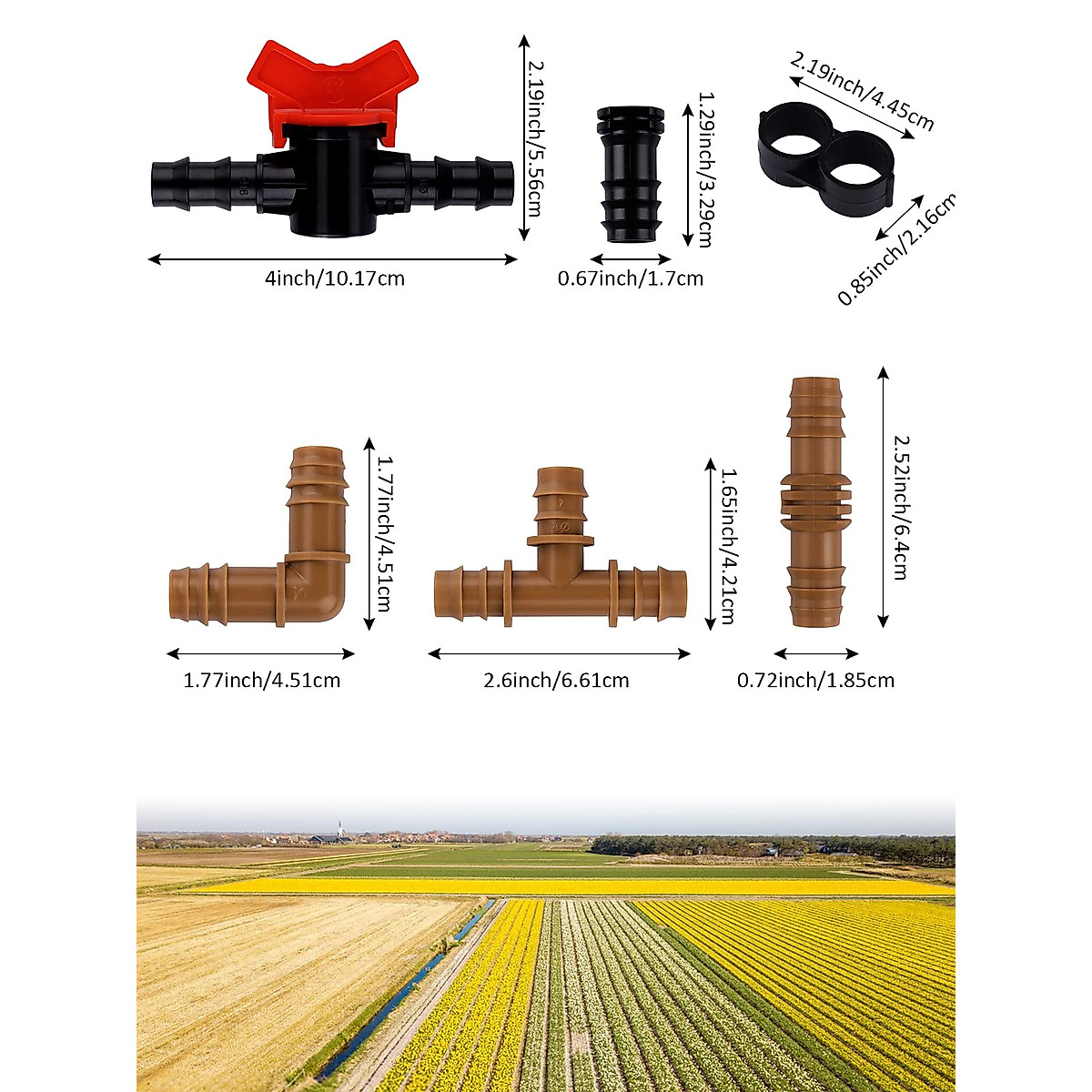 Kalolary 42Pcs Drip Irrigation Fittings Kit, 5/8 Inch Hose Barbed Connectors for Compatible Drip or Sprinkler System(2 Switch Valves, 8 Couplings, 8 Tees, 8 Elbows, 8 End Closures, 8 End Cap Plugs)