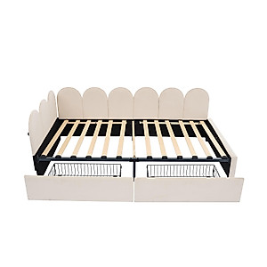 Nahenduo Twin Size Velvet Daybed with 2 Storage Drawers, Upholstered Corner Bed Frame with Arch-Shaped Headboard for Kids Girls and Boys, No Box Spring Needed (White, Twin)