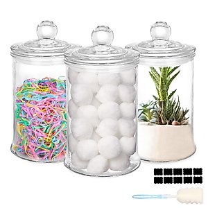 UrSpeedtekLive 3 Pack Glass Apothecary Jars with Lids, 25oz Clear Bathroom Accessories Canisters Storage Organizer, Cotton Ball Holder Containers, Glass Jars for Bathroom, Vanity, Laundry Room