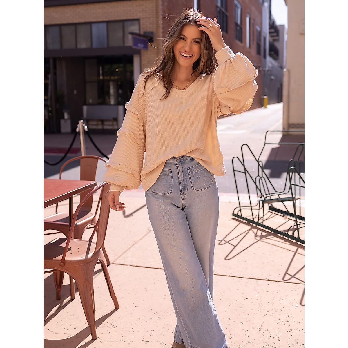 BTFBM Women’s V Neck Long Sleeve Blouse Loose Fit Tunics Ruffles Off Shoulder Waffle Knit Solid Color Tops Fall Tee Shirts（Solid Apricot,Large