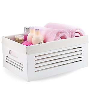 Large Wooden Crate for Storage - Decorative Wood Storage Boxes for Home Books Clothes Toys, This wood crate box/Basket/Bin Organizer is Lined with Machine Washable Soft Linen Fabric - White, Large