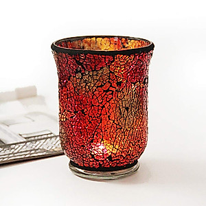 Two-piece Orange Red Mosaic Glass Tea Light Candle Holder Ball and Wind Lantern Shape Votive Candleholder Romantic Handmade Gifts Christmas Candlestick Holders Home Decor Wedding Party Table Decor