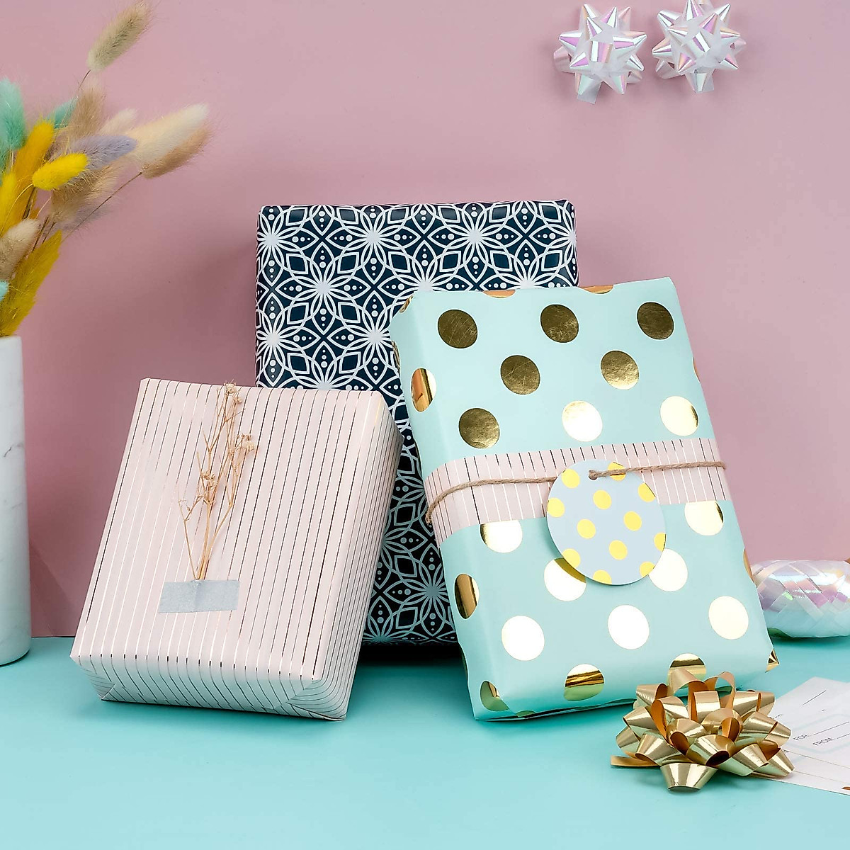 MAYPLUSS Wrapping Paper Roll - Mini Roll - 17 inch X 120 inch Per roll - 3 Different Leaves Design (43.2 sq.ft.ttl)