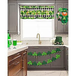 Curtain Valance for Windows St. Patrick's Day Clover Leaf Horseshoe Gold Kitchen Valances Rod Pocket Short Curtains,Black White Plaid Window Treatment Panel for Living Room Bathroom Bedroom 60x18in