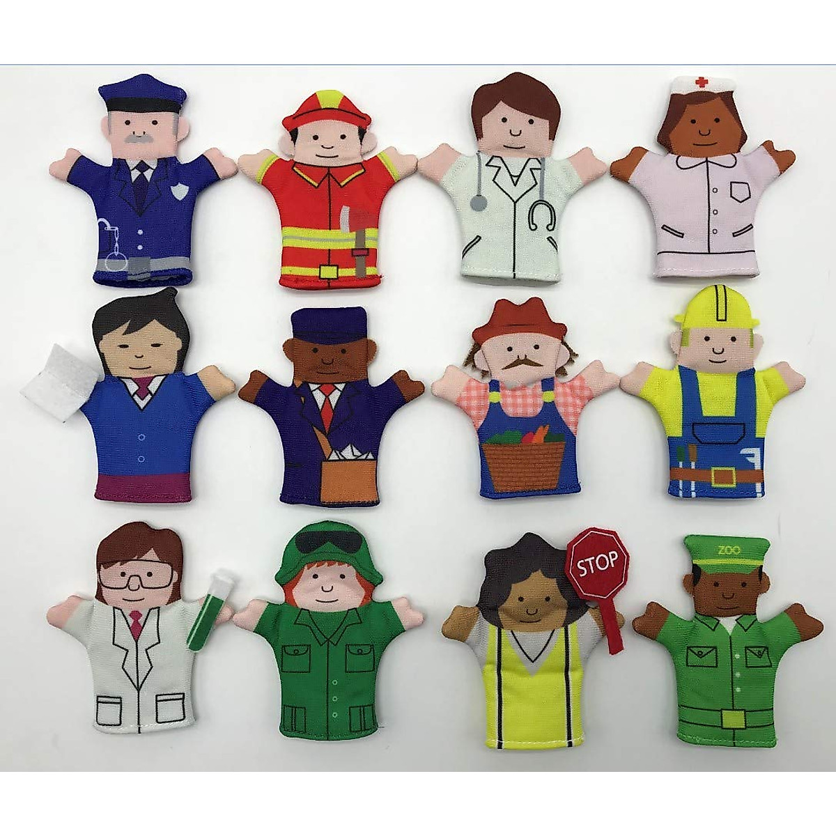 Happy Helpers Finger Puppets 12-Piece Set - Teach and Learn with a Variety of Neighborhood People Characters - Free Bonus E-Book - for Families, Children, Kindergarten, Play and ESL