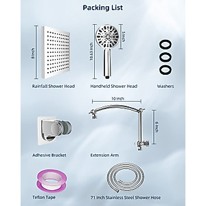 Hibbent High Pressure 8 Inch Rainfall Shower Head/Handheld Showerhead Combo/Adjustable Shower Extension Arm, 7-Spray, 71 Inch Shower Hose, Chrome