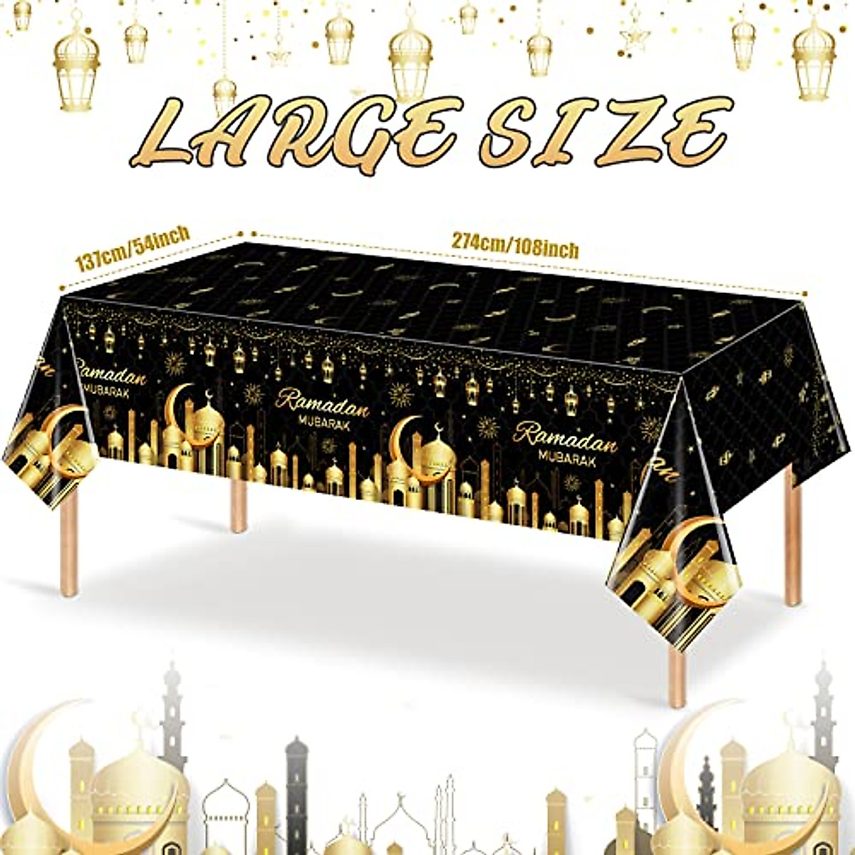 6 Pack Ramadan Plastic Tablecloth Decorations for Home, Eid Mubarak Ramadan Disposable Table Cover Decorations, Muslim Happiness Ramadan Eid Al-fitr Table Cloths for Ramadan Party Supplies, 54x108Inch