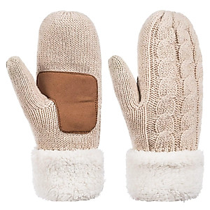 Mittens for Women Cold Weather, Womens Mittens Merino Wool Cable Knit Warm with Thick Thermal Fleece Lined, Winter Gloves with Touchscreen Fingers Anti-Slip(Beige)