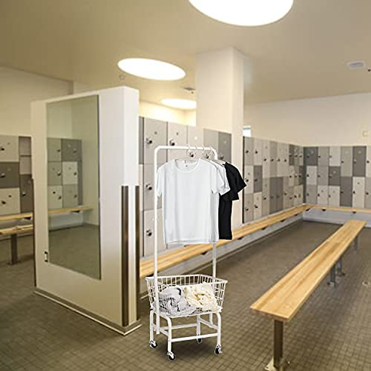 Rolling Laundry Hamper Basket Cart with Wire Storage Rack and Hanging Rack White