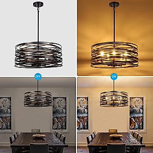 ACNKTZ 19.7'' Farmhouse Dining Room Light Fixture, 5-Light Metal Drum Chandelier, Black with Retro Wood Texture Interior