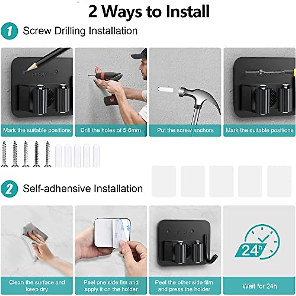 Mop Broom Holder, Fydesion 4 Pcs SUS304 Stainless Steel Mop Holder Broom Holder Wall Mounted Tool Rack for Bathroom Kitchen Office Closet Garden Garage, Self-adhesive and Screw Installation Ways, Black