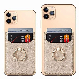 Phone Card Holder Sleeve RFID Credit Wallet with Kickstand Ring for Women, DMaos 2 Pieces Glitter Sands Wallet Stick-On Back Grip for iPhone Samsung Android and Smartphones - Pink + Gold