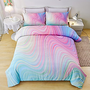 Helloosuu Girls Pink Comforter Twin,Pink Bedding Set for Girls,Tie Dye Comforter Set,Kids Comforter Set for Girls,Blue Pink Teen Comforter Twin with 2 Pink Pillowcases,Rainbow Comforter Set