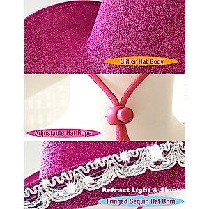 JICASTO Cowboy Hat Pink Cowgirl Hat with Sequins & Tiara Crown for women Rodeo Party Hats with Heart Glasses (Glitter Fringed Hot Pink)