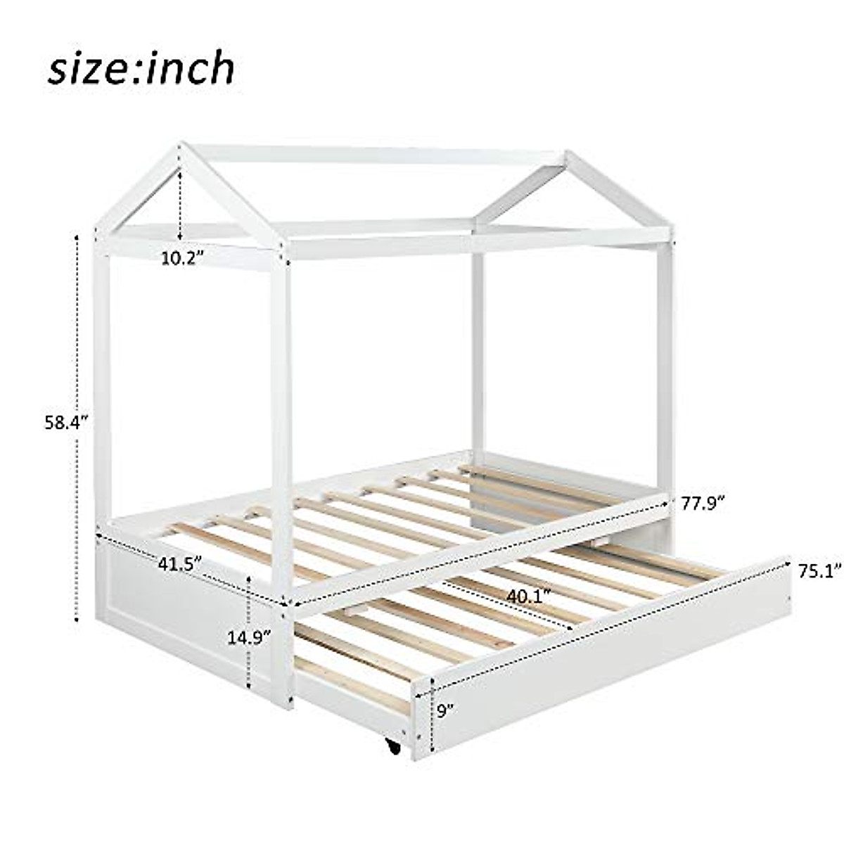 House Bed with Trundle for Kids and Toddlers, Wood Twin Size House Bed Frame, Can Be Decorated, White