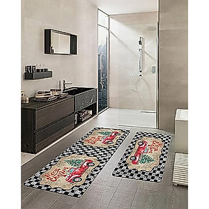 Christmas Bath Mat for Tub,Non Slip Bathroom Floor Runner Rug Quick Dry & Absorbent Diatomaceous Earth Shower Sink Bedroom Kitchen Washable Doormat,Red Truck Snow Tree Black Checkered 16x24+16x47