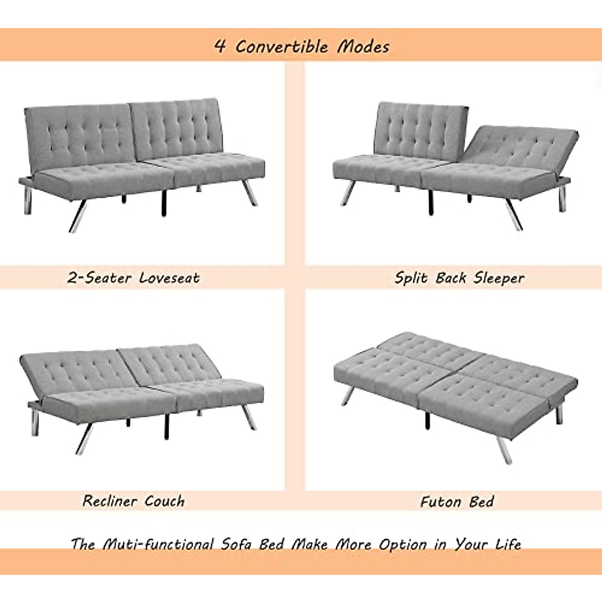 68"Convertible Folding Futon Sofa Bed,Split Back Design,Modern Fabric Sleeper Couch Bed with Chrome Legs,Upholstered Recliner Loveseat for Small Spaces Living Room Dorms Office (Ligjt Grey armless)