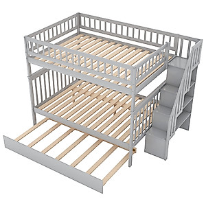 Merax Full Over Full Bunk Bed with Trundle, Wood Full Bed Frame with Staircase, Storage Space, and Guard Rail for Teens, Adults, Suitable for Bedroom, Dorm, Grey