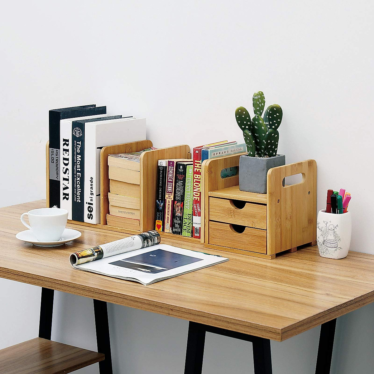 WELLAND Expandable Desktop Bookshelf Bamboo Desk Organizer with 2 Storage Drawers for Office and Home