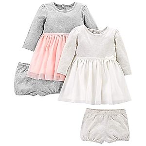Simple Joys by Carter's Girls' 2-Pack Long-Sleeve Dress Set with Bloomers, Pink/Grey, 12 Months