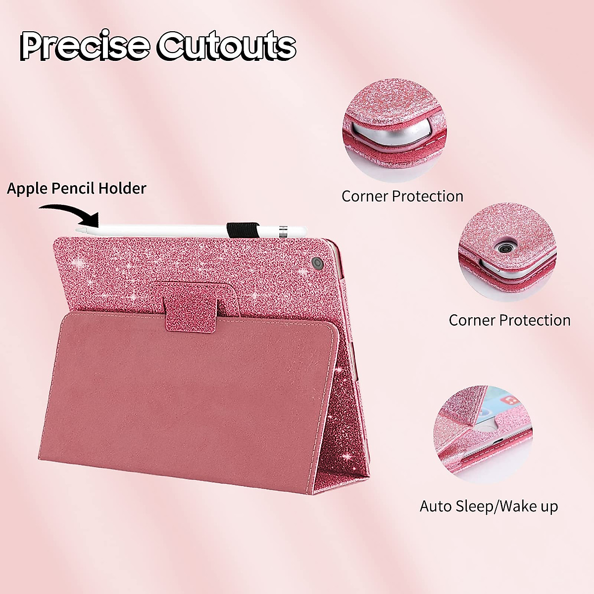 CLARKCAS Case for iPad 9th Generation Case 2021/iPad 8th Gen 2020/iPad 7th Gen 2019 Glitter Leather Girls Protective Cover with Pencil Holder Stand for iPad 9/8/7 Gen 10.2 inch 2021/2020/2019 Pink