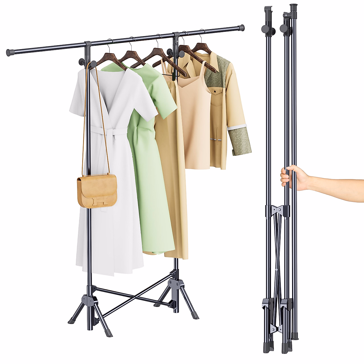 Runsand No Installation Clothes Rack,Portable Folding Carbon Steel Garment Rack - Versatile Heavy Duty Coat Rack with 4 hooks for Indoor and Outdoor Use - great for Home, Camping,Travel (Dark Grey)