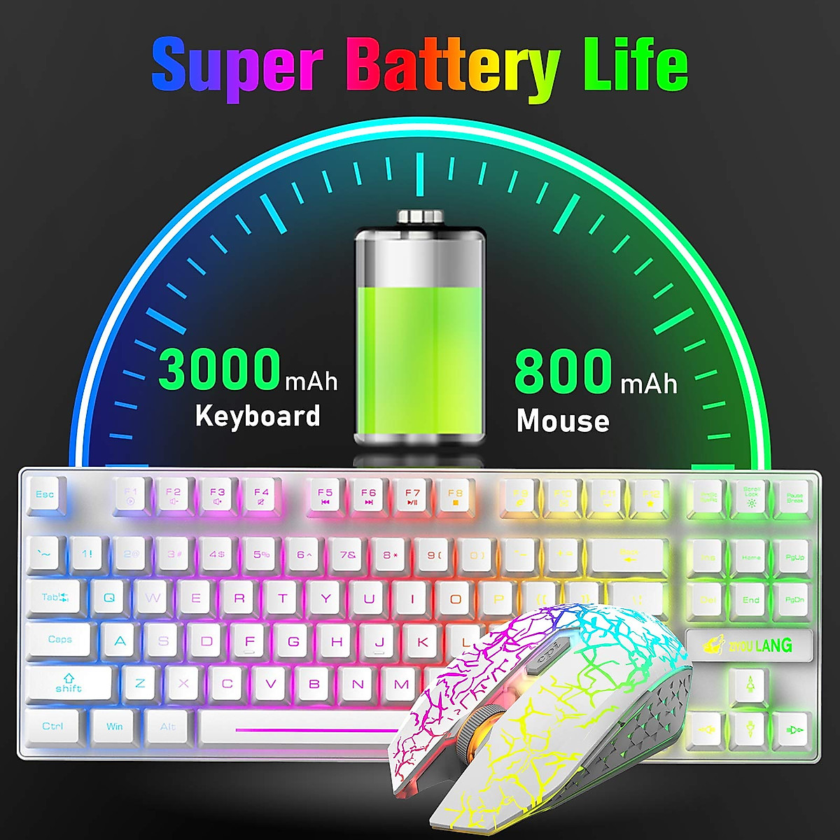 LexonElec Wireless RGB Backlit Gaming Keyboard Mouse Combo,Rechargeable 3800mAh Battery, 87-Key Mechanical Feel Keyboard, Quiet Mouse and Mouse Pad for Gamers and Office Typists(White)