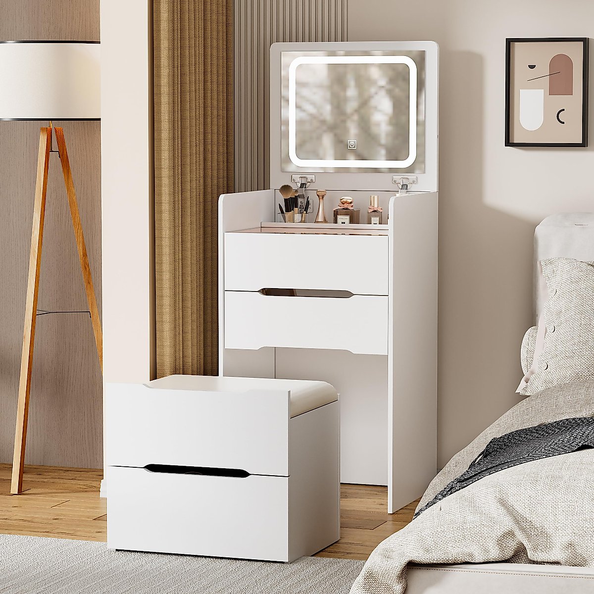 PAKASEPT 3 in 1 Vanity Desk with Plip Top Mirror, Small Make Up Vanity Set with Visible Glass Desktop, Compact with 3 Drawers,Cushioned Tool,Dressing Table for Bedroom