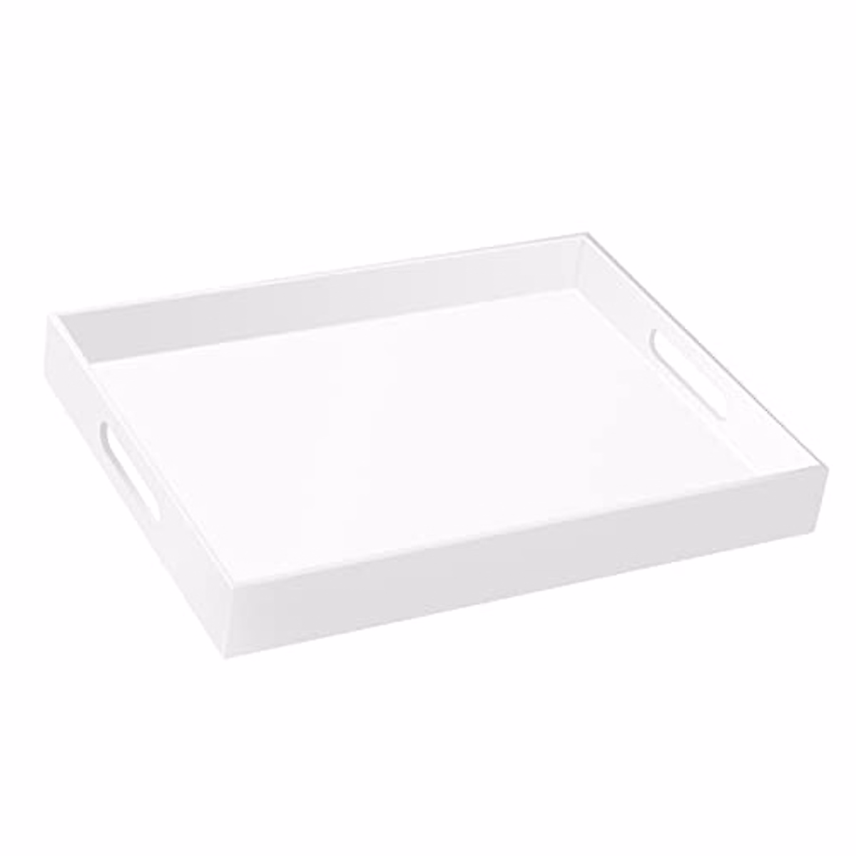MIKINEE 12×16 Inches Glossy White Acrylic Serving Tray with Handles Ottoman Tray Decorative Tray Spill-Proof Water-Proof Coffee Table Space Saver Countertop Organizer Platter with Safe Edge
