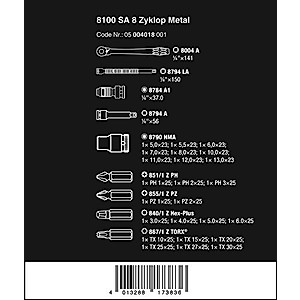 Wera 05004018001 8100 SA 8 Zyklop Metal Ratchet Set with Switch Lever, 1/4" Drive, Metric, 28 Pieces