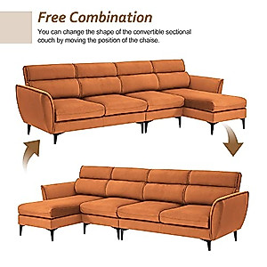BIADNBZ Sectional Sofa with Reversible Chaise Lounge, Modern Flannel L-Shaped Couch for Living Room, 111", Orange