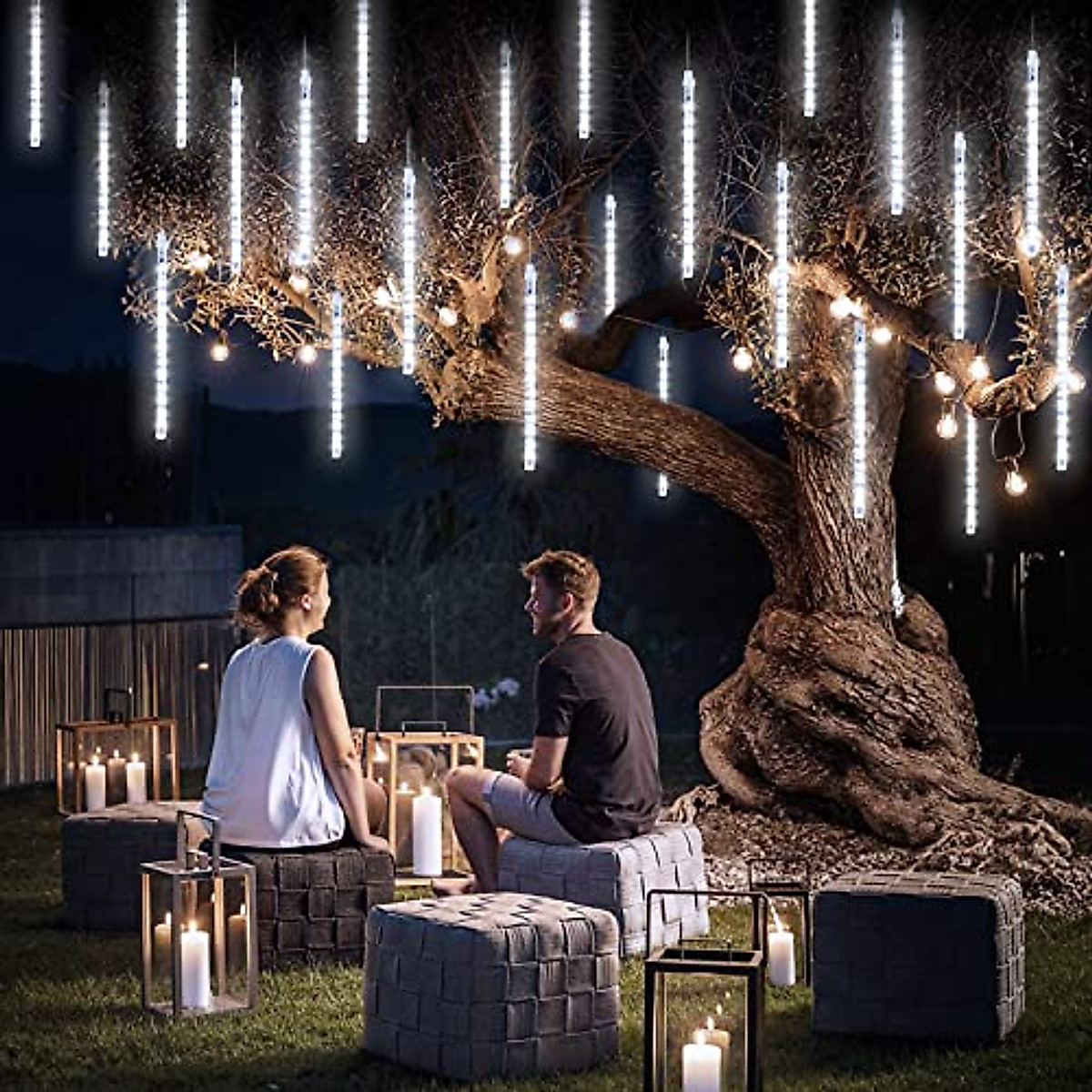 JMEXSUSS 2 Pack Solar Meteor Shower Lights, 16 Tube 288 LED White Solar String Lights Outdoor, Waterproof Solar Christmas Lights for Tree Patio Garden Wedding Party Decorations