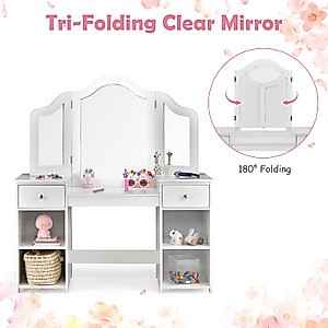 AKUSTIK Kids Vanity, 2 in 1 Wooden Princess Makeup Table and Chair for Toddlers with Tri-Folding Detachable Mirror, Storage Drawers for Little Girls, Pretend Beauty Dressing Desk Play Set Toy Gift